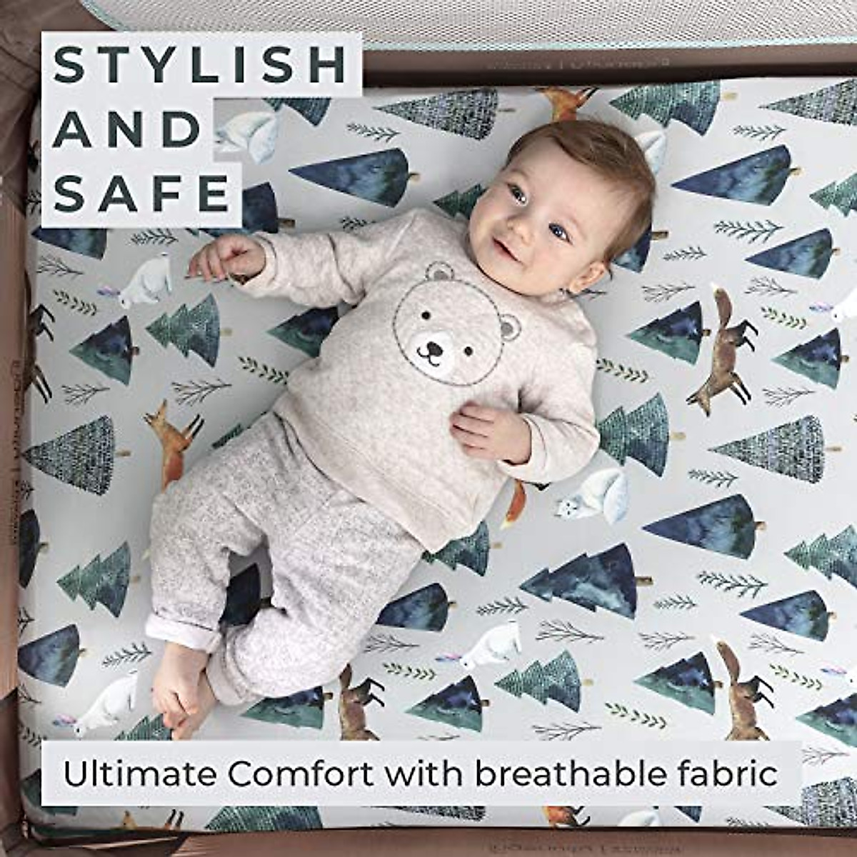 Pobi Baby - 2 Pack Premium Pack N Play Sheets Fitted for Standard Pack and Plays and Mini Cribs - Ultra-Soft Cotton Blend, Stylish Animal Woodland Pattern, Safe and Snug for Baby