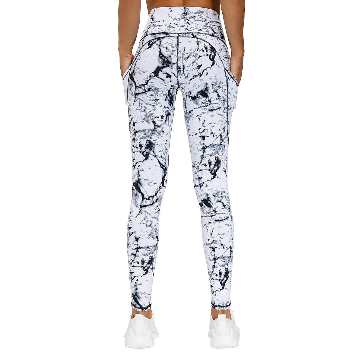 THE GYM PEOPLE Thick High Waist Yoga Pants with Pockets, Tummy Control Workout Running Yoga Leggings for Women (Large, Marble)