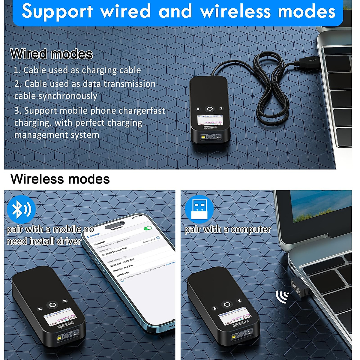 symcode Bluetooth Barcode Scanner with Display Screen Battery Level Time Display Works,Wireless 2D QR Bar Code Reader Scanner for Warehouse Supermarket Library