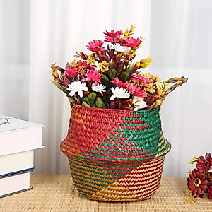Wedhapy Woven Basket Rattan Basket Seagrass Belly Storage Basket with Handles Woven Foldable Storage Pot Plant Basin Cover for Laundry Beach Bag (S)