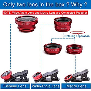 KINGMAS 3 in 1 Universal Fish Eye & Macro Clip Camera Lens Kit for iPad iPhone 7 6 5 Samsung BlackBerry HTC and Most Smartphones (Red)