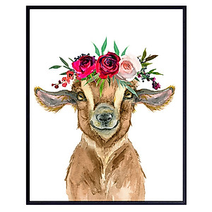 Cute Baby Goat w/Flower Crown Wall Art Home Decor - Decoration for Girls or Boys Bedroom, Nursery, Kids Room, Playroom, Preschool, Daycare - Farmhouse, Farm Theme Gift - Baby Animals Picture Print