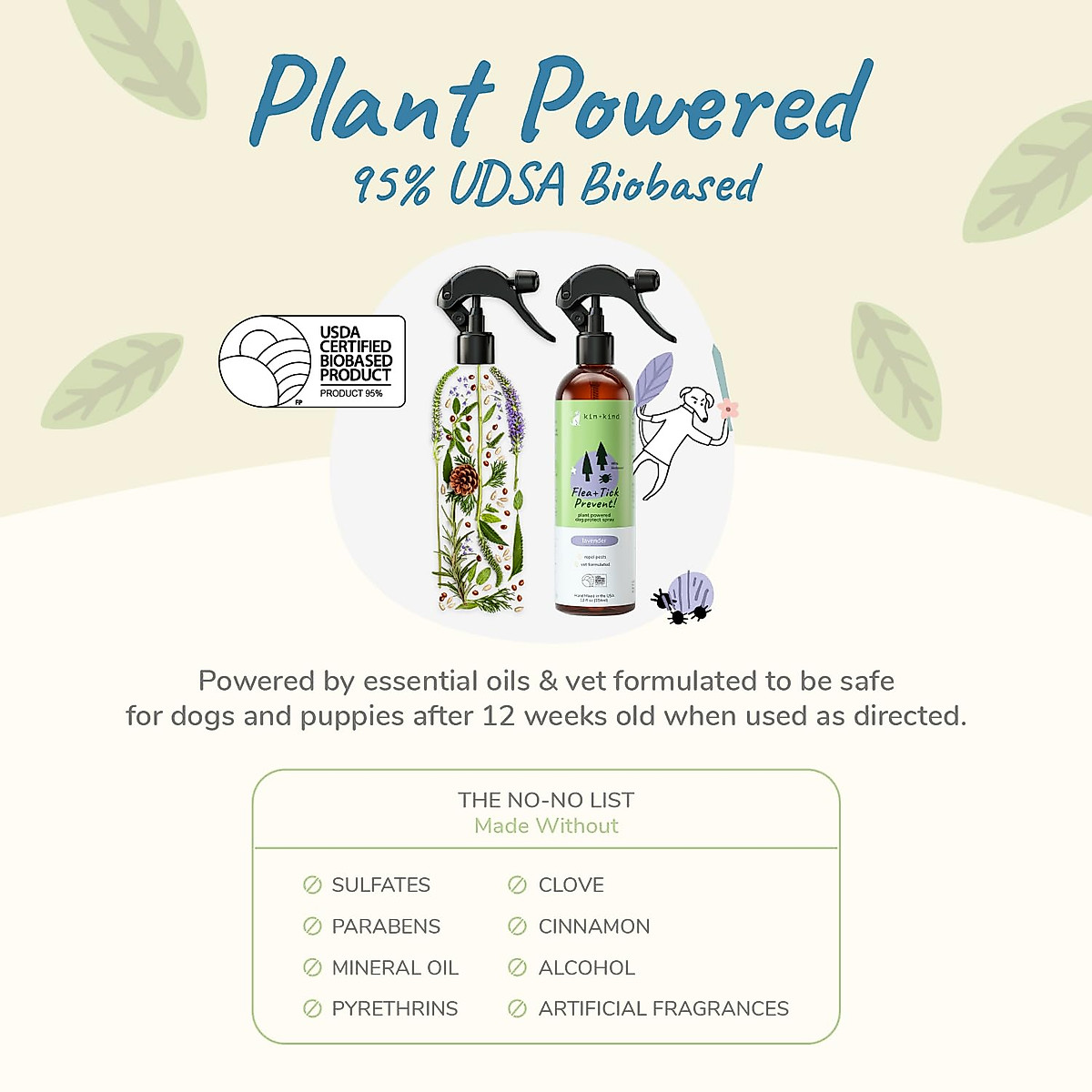 kin+kind | Plant-Based Flea and Tick Spray for Dogs (12 fl oz) | Lavender