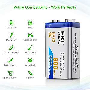 EBL 9V Rechargeable Batteries 9 Volt Lithium ion 600mAh Li-ion Batteries (4-Packs)