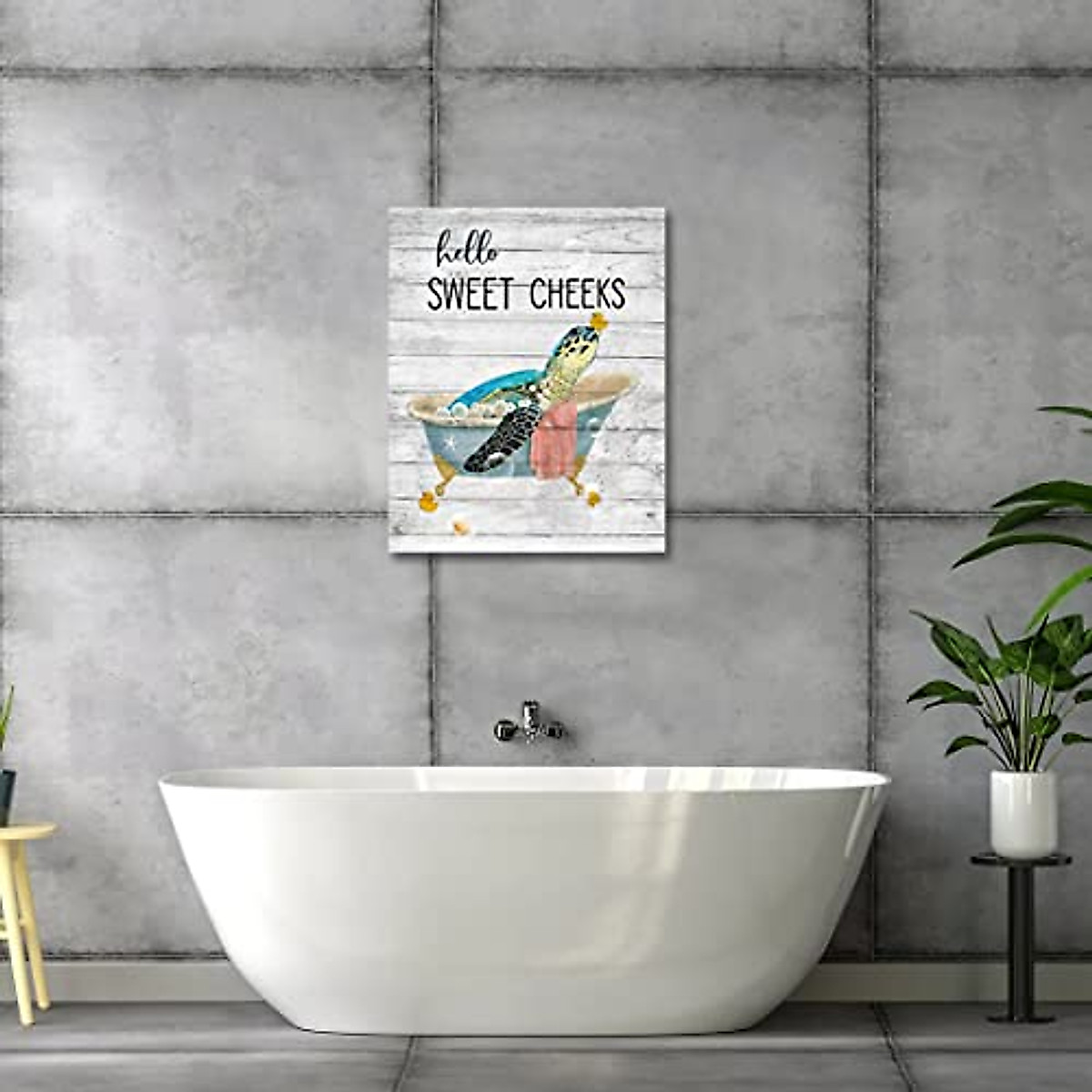 Sea Turtle Bathroom Wall Art Teal Sea Turtle Pictures Wall Decor Funny Sea Turtle in Bathtub Canvas Painting Print Artworks Coastal Beach Themed Ocean Animal Nautical Bathroom Decor Framed 12"x16"