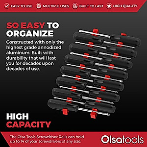 Screwdriver Organizer for Tool Boxes by Olsa Tools | Heavy Duty Low Profile Screwdriver Holder Rail Rack Set For Toolbox Drawers | Holds Up To 14 Screwdrivers | Great for Tool Storage Organization