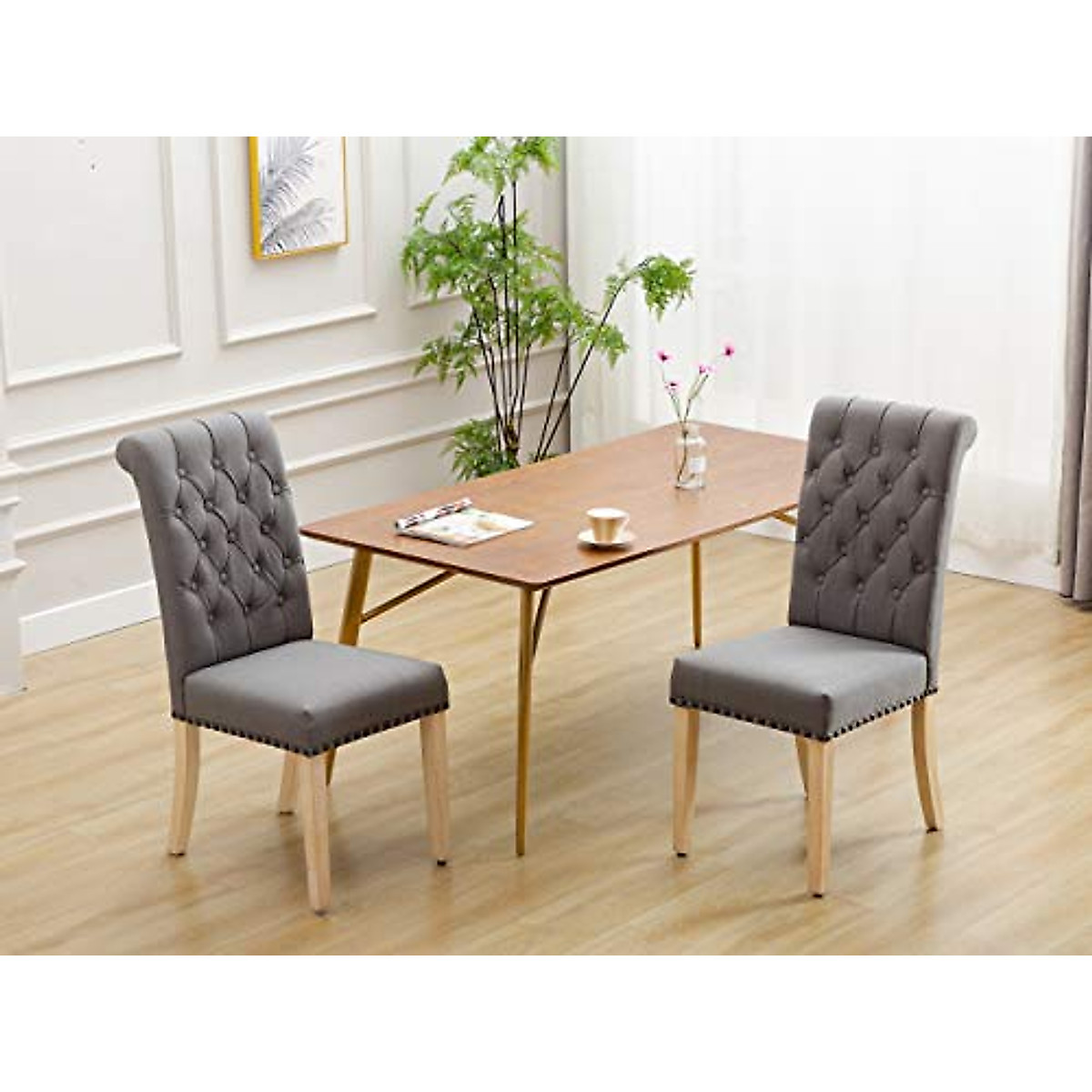Luxuriour Fabric Dining Chairs with Copper Nails and Solid Wood Legs Set of 2 (Dark Grey)