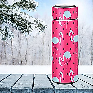 CaTaKu Black Dots Flamingo Water Bottle Insulated 16 oz Stainless Steel Flask Thermos Bottle for Coffee Water Drink Reusable Wide Mouth Vacuum Travel Mug