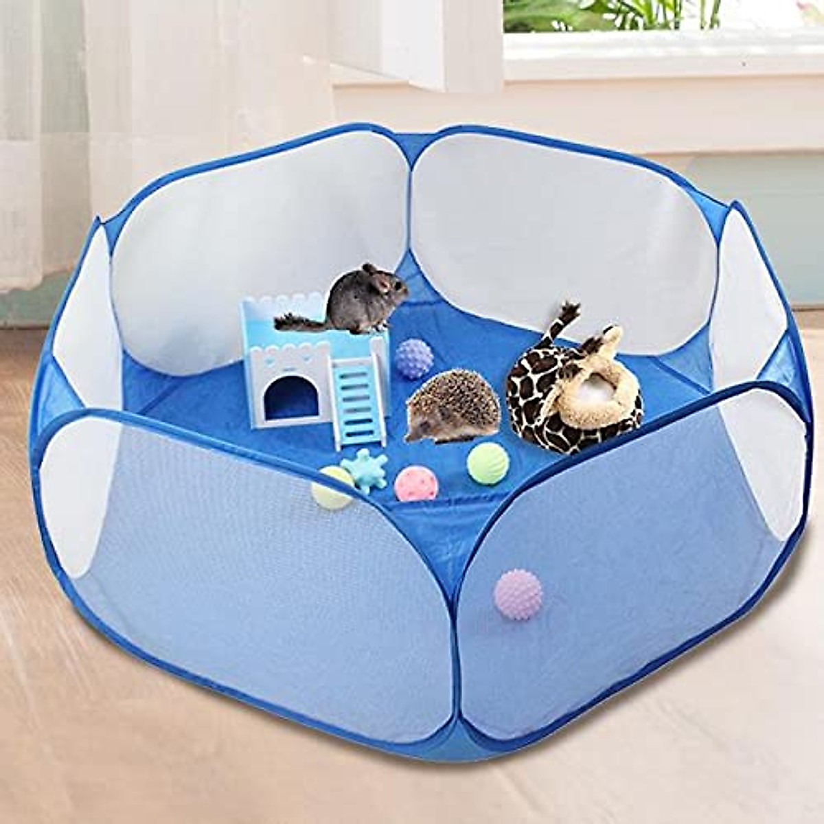 kathson Playpen for Small Animals Cage Tent, Breathable&Transparent Pets Playpen Folding Exercise Pop Open Outdoor/Indoor Portable Fence with Carrots for Guinea Pig Hamster Rabbit Rat Gerbils(Blue)