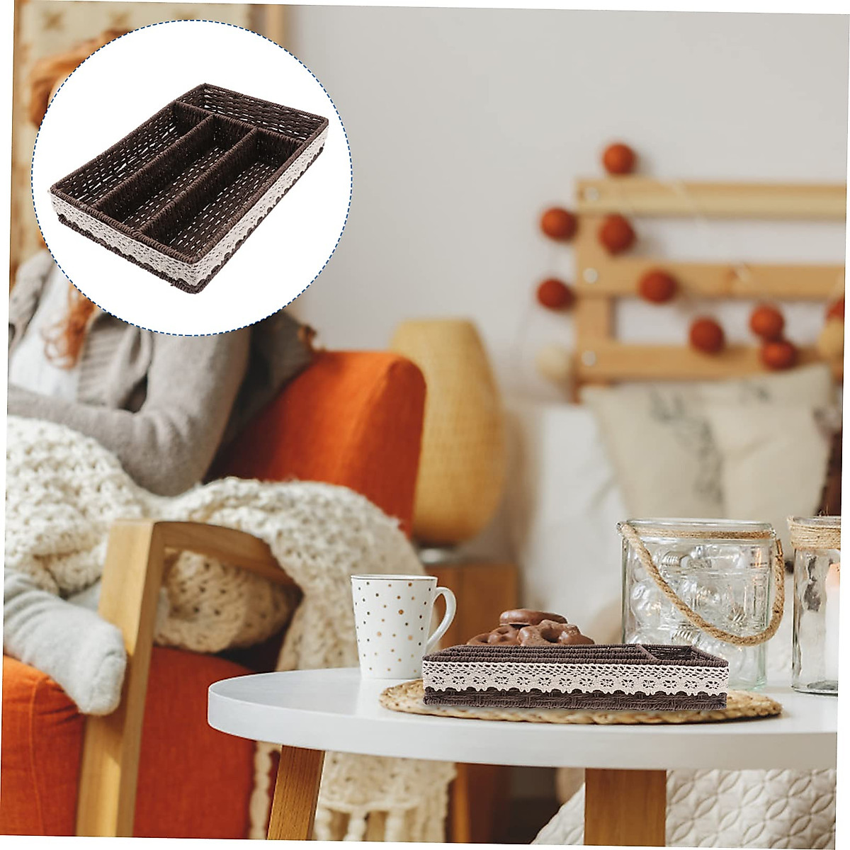 Cabilock Rattan Flatware Basket Kitchen Utensil Drawer Organizer with Dividers Natural Wicker Serving Basket Flatware Cutlery Organiser Tray for Flatware and Kitchen Utensils