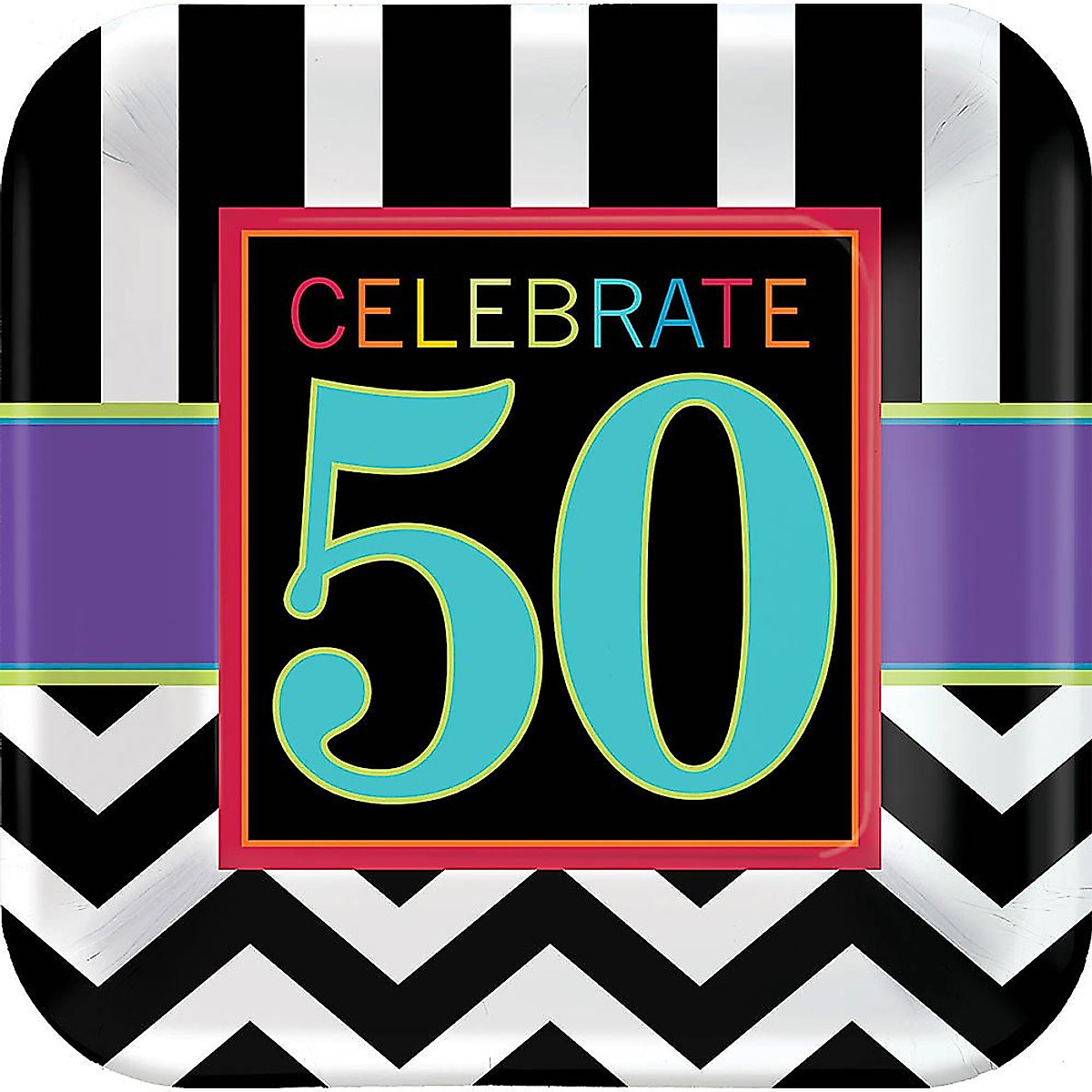 Amscan Must-Have Chevron and Stripes 50th Birthday Party Square Luncheon Plates Tableware, Pack of 8, Multi, 9" Paper