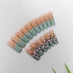 French Tip Press on Nails Coffin Green Fake Nails with Cherry Blossom or Arizona Tea Peach Blossom and Tree Branch Decoration Designs 3D Flower Gems Glossy Square Long Acrylic Nails Press on for Women