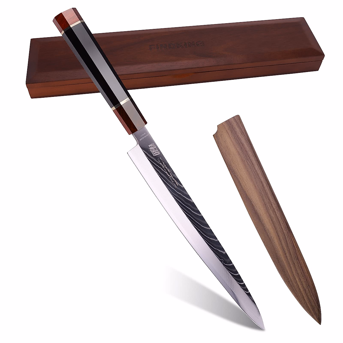 FINDKING Prestige Series Yanagiba Knife with Walnut Cover, Japanese SKD11 Damascus Steel Blade, Ebony Wood Octagonal Handle, Professional Sashimi Sushi Fish Knife (10.5 Inches, with Wooden Gift Box)