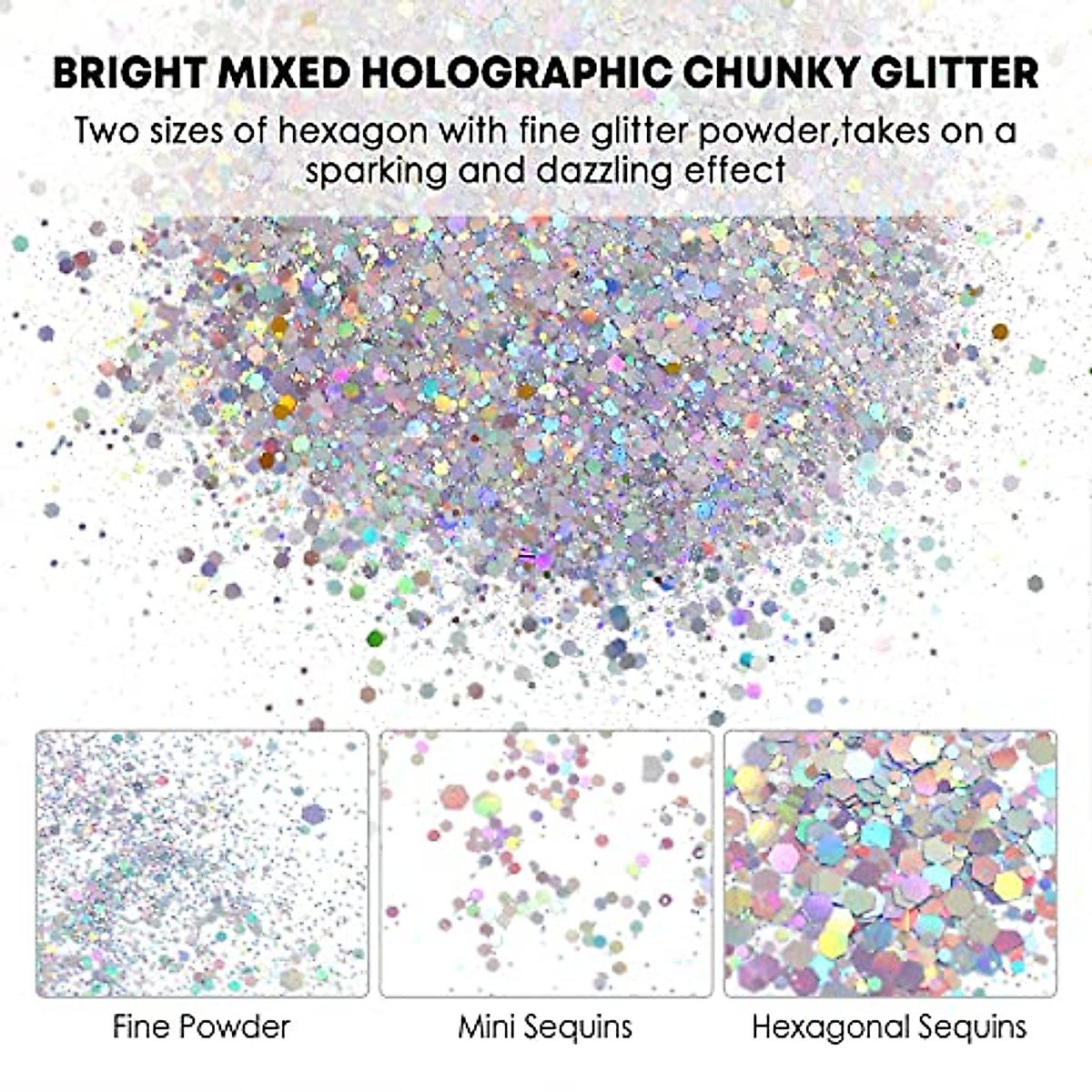 HTVRONT Holographic Chunky Glitter, 100g Silver Chunky Glitter for Resin, 3.53oz Iridescent Glitter Chunky Mixed with Fine Glitter, Shaker Cap Chunky Glitter for Tumbler, Nail, Makeup Craft Glitter
