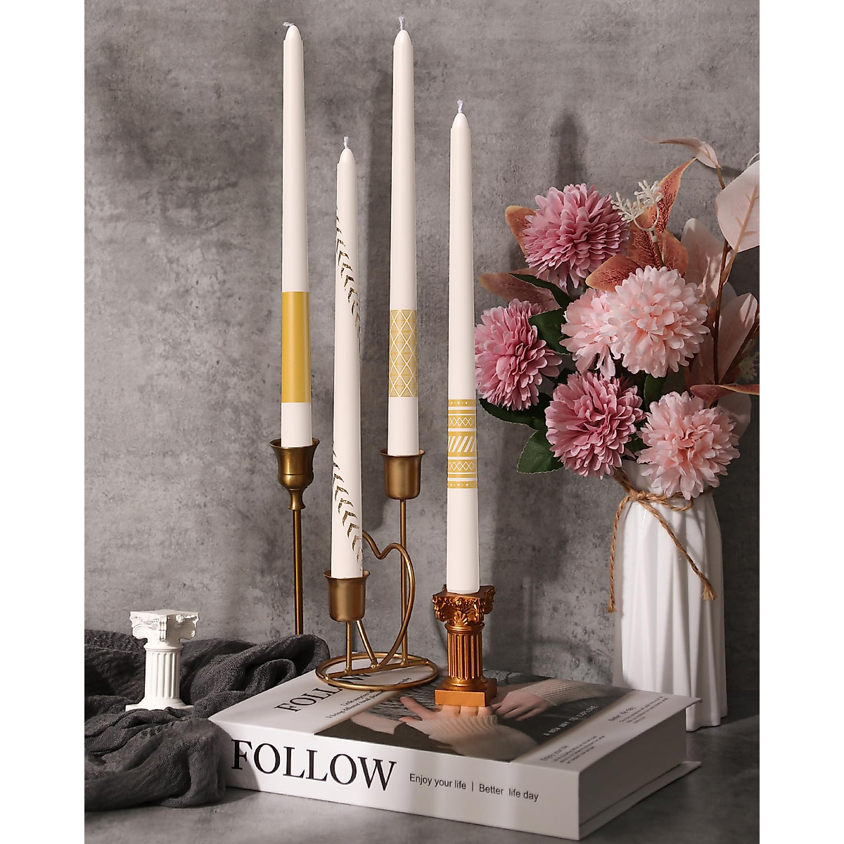 12 Inch White Taper Candles with Gold Leaf, Dripless Tapered Candle Up to 9 Hour+ Burning Time, Unscented and Smokeless Handmade Gift for Events, Dinner, Home Decor, Christmas