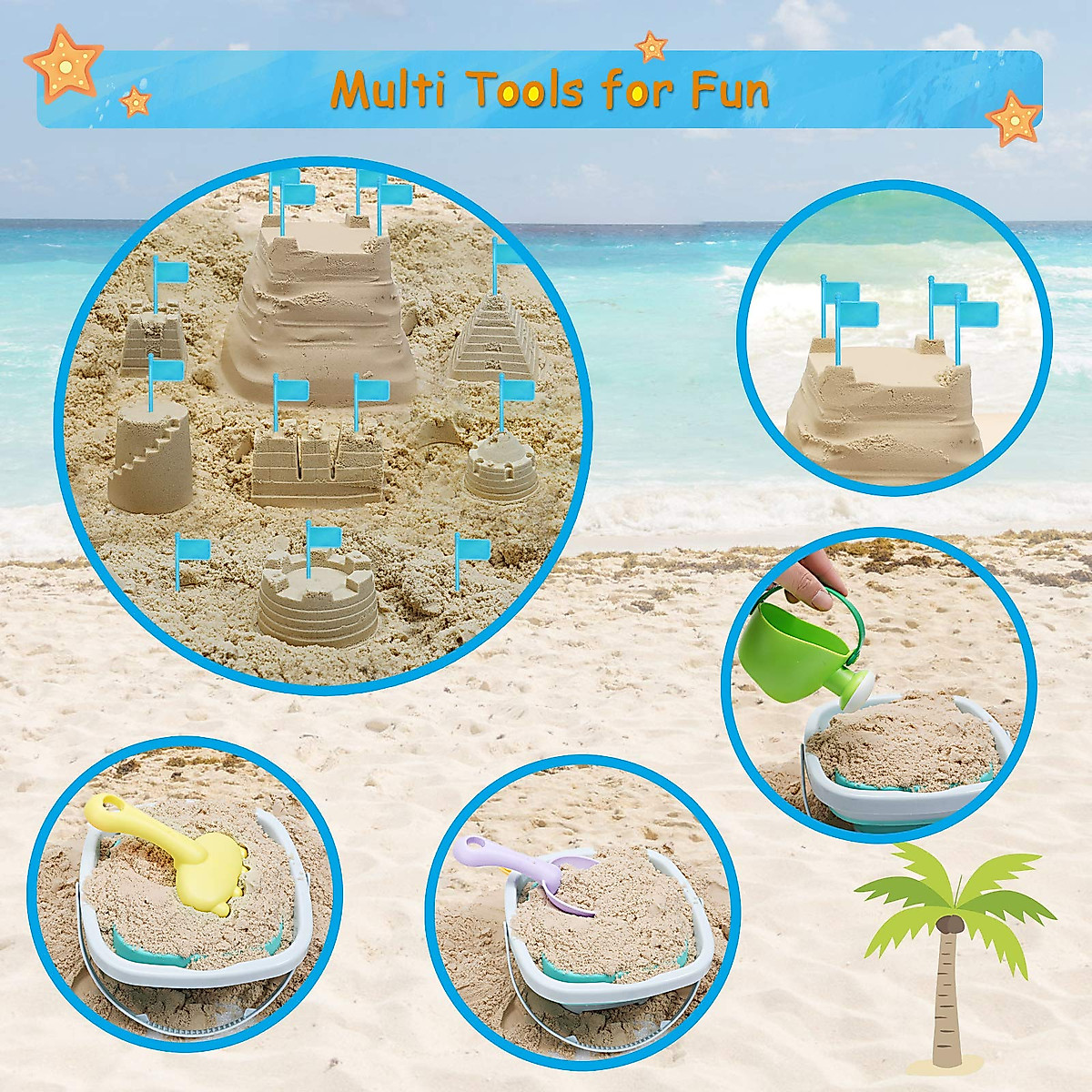 RACPNEL Beach Toys Sand Set for Kids, Collapsible Bucket and Shovels with Mesh Bag, Molds, Flags, Sandbox Kids Toddlers, Travel (Tavel Size)