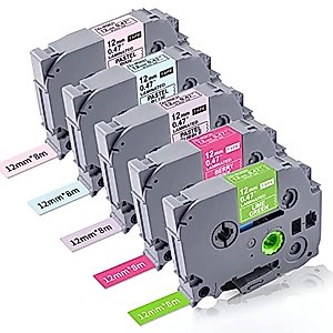 5P Compatible with Brother P Touch Label Tape TZe-MQP35 MQG35 MQF31 MQE31 MQ531 TZ Tape 12mm 0.47 Laminated Tape(White Berry Pink/Lime Green, Pastel Pink/Purple/Blue)for Brother PTD210 PTD400 PTP300BT