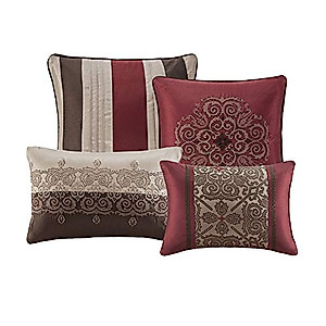 Madison Park Essentials Delaney 24-Piece Room In A Bag Comforter Set-Satin Jacquard, All Season Luxury Bedding, Sheets, decorative pillows and Curtains, Valance, Cal King(104"x92"), Medallion Red