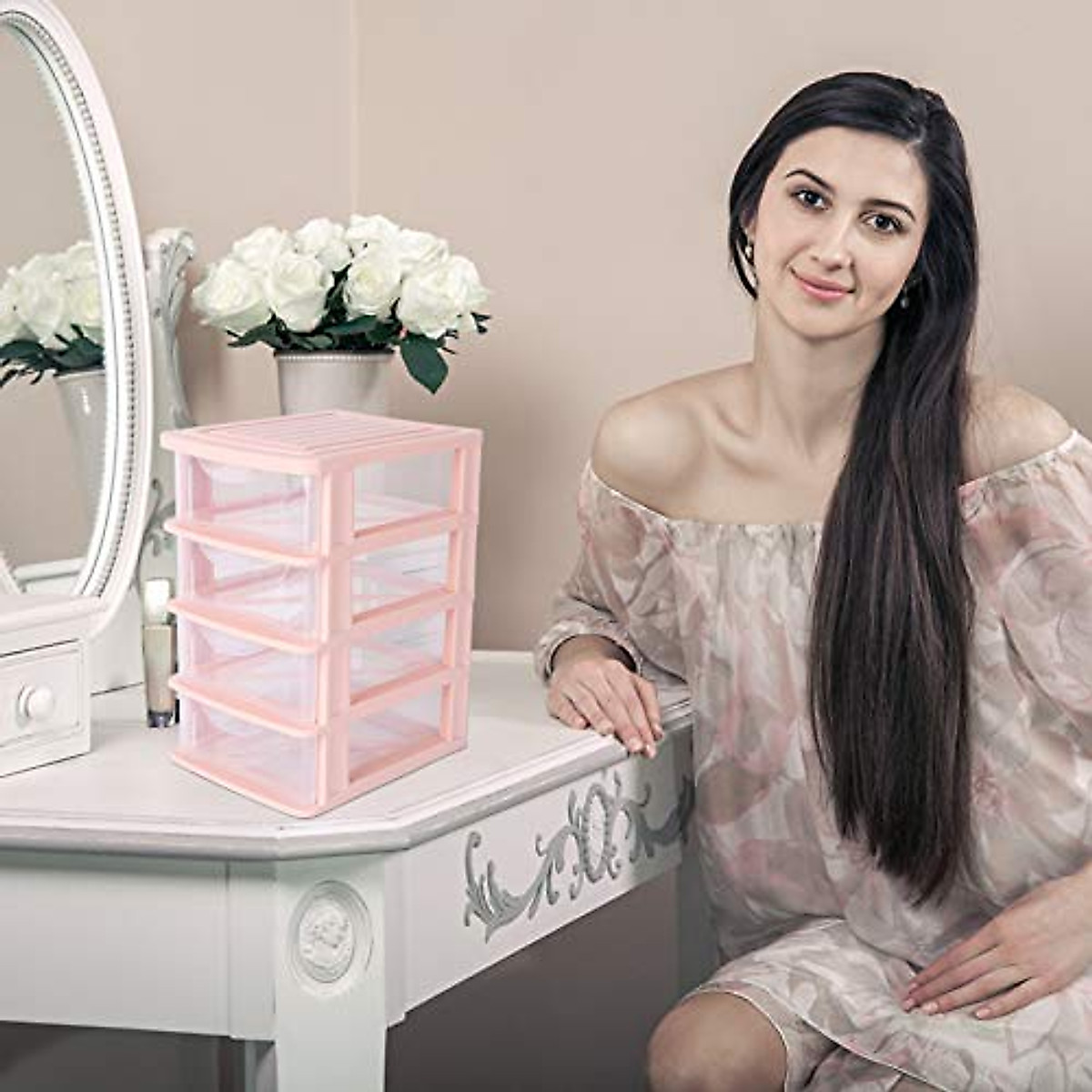 DOITOOL Four- Layer Storage Drawers- Transparent Plastic Drawers Organizer- Multifunction Plastic Drawers Kitchen Pantry Storage Cabinet for Kitchen, Bathroom, Vanity, Desk ( Pink )