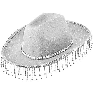 ramede Rhinestone Cowgirl Hat Women Disco Cowboy Outfit Bling Diamond Fringe Cowgirl Hat Western Cowgirl Costume(Silver)