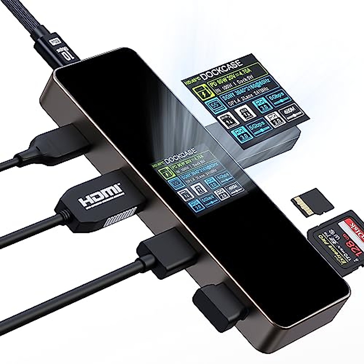 DockCase Visual Smart USB C Hub (7-in-1) with HDMI Port 4K@60Hz, 100w PD Power Delivery, 3 USB-A 5Gbps Data Ports, SD/TF Card Reader, for MacBook Air/Pro, Ipad Pro, Dell XPS, and More