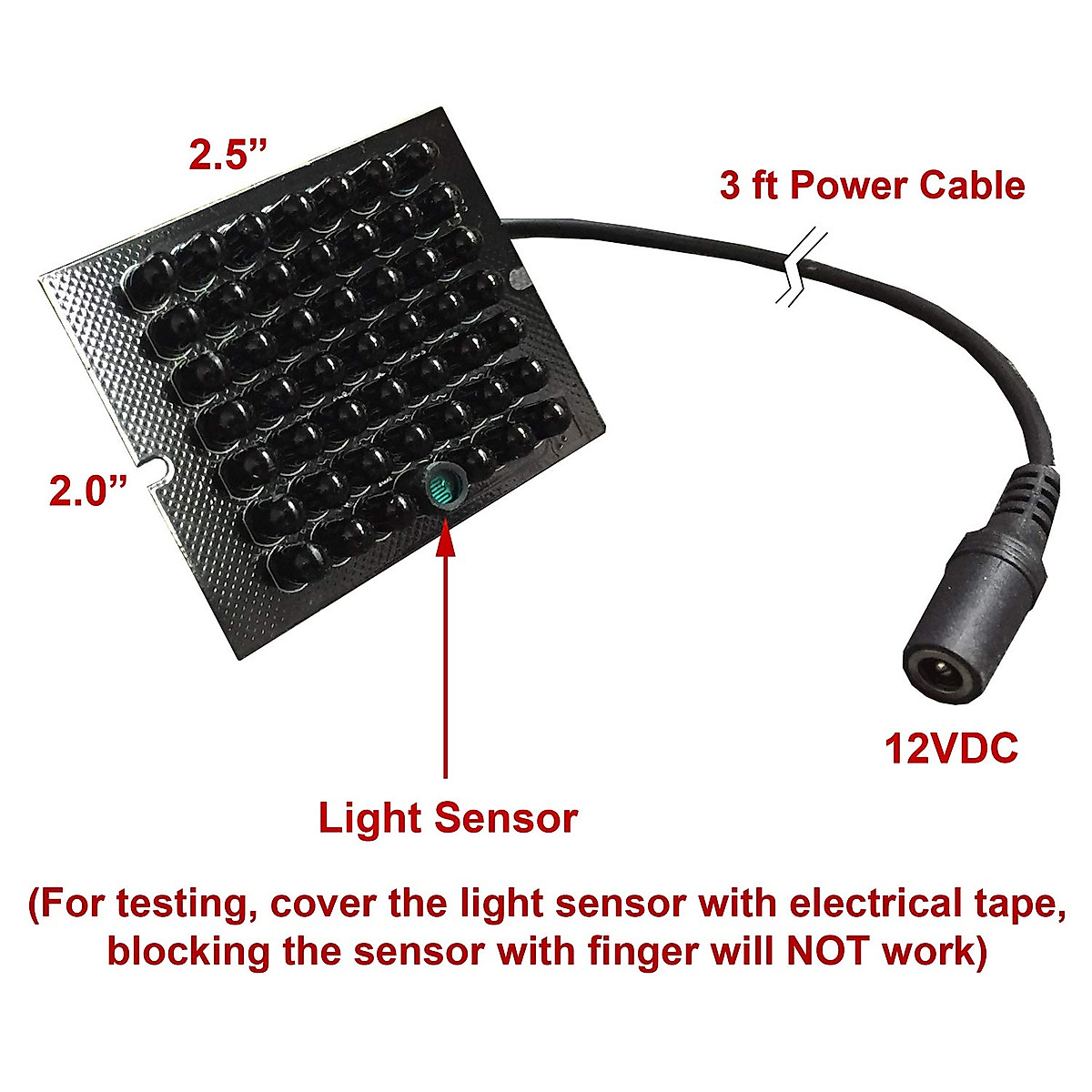 SCS Enterprises Total Invisible 940nM IR lamp Board with Light Sensor (48 Black LED Illuminator Array) 30ft Range, 120 deg, 12VDC