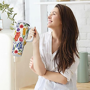 linqin Colourful Florals White Vacuum Tumbler Insulated with Lid and Straw 30 oz Running Water Bottle Reusable Travel Coffee Mug for Home, Office or Car