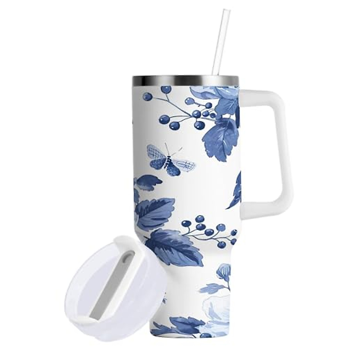 RPLIFE Blue and White Floral Tumbler with Handle and Straw, Stainless Water Bottle, Insulated Cups with Lids, Tumbler for Men