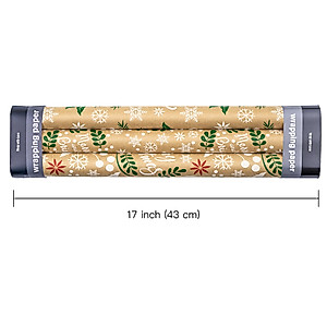 WRAPAHOLIC Kraft Christmas Wrapping Paper Roll - Mini Roll - 3 Rolls - 17 Inch X 120 Inch Per Roll - Christmas Wreath Leaves and Merry Christmas Lettering Holiday Collection