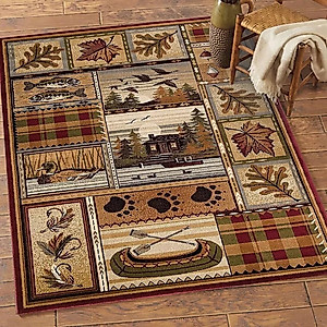 Qmkmyy Rustic Cabin Fish Leaf Print Rugs for Home Office Decor Striped Pathwork Western Style Area Rug Floor Mat Low Pile Carpets,4'x6'