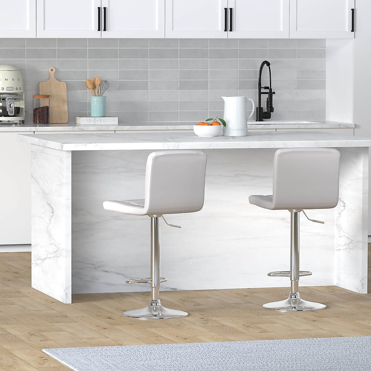 Leopard Bar Stools Set of 2, Modern Adjustable Bar Stool with Back, Straight Line Swivel Barstool (White)