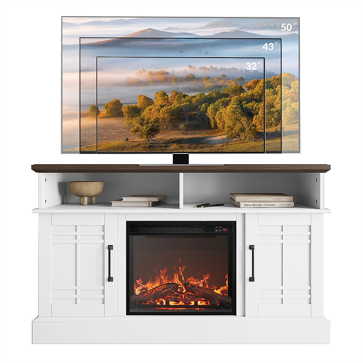 BELLEZE 48" TV Stand with 18" Electric Fireplace Heater, Modern TV Stand for TVs up to 50", Entertainment Media Stand with Open Shelves and Storage Cabinets for Living Room, Bedroom (White)