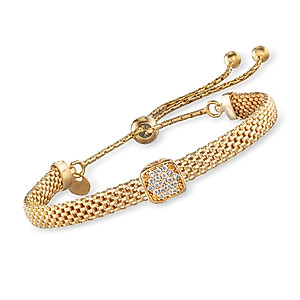 Ross-Simons Italian 18kt Gold Over Sterling Mesh Bolo Bracelet With CZ Station