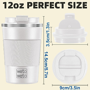 WETOWETO 12oz Travel Mug, Insulated Reusable Coffee Cup with Leak Proof Lid, Stainless Steel Travel Coffee Mug Portable Coffee Mug for Hot and Cold Water Coffee(White)