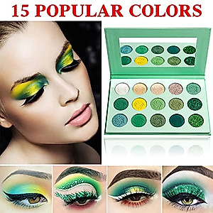 Green Eyeshadow Palette，QIUFSSE 15 Colors Eye Shadow Pallete Sets Highly Pigmented Matte Glitter Colorful Long Lasting Blendable Forest Emerald Green Yellow Makeup Pallet for Women Christmas Halloween