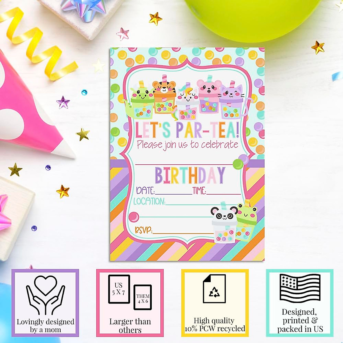 Amanda Creation Let's Par-tea Cute Animal Bubble Tea Themed Birthday Party Invitations, 20 5x7 Fill-In Cards with Twenty White Envelopes