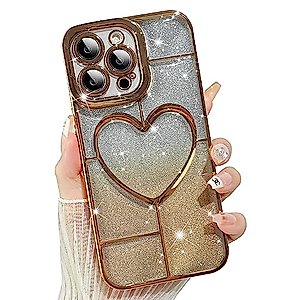Yeddabox Compatible with iPhone 14 Pro Max Case Heart Phone Case Cute Bling Plating Soft Shockproof Full Camera Protection Bumper Phone Cases for iPhone 14 Pro Max Women Girls Case 6.7" - Glod