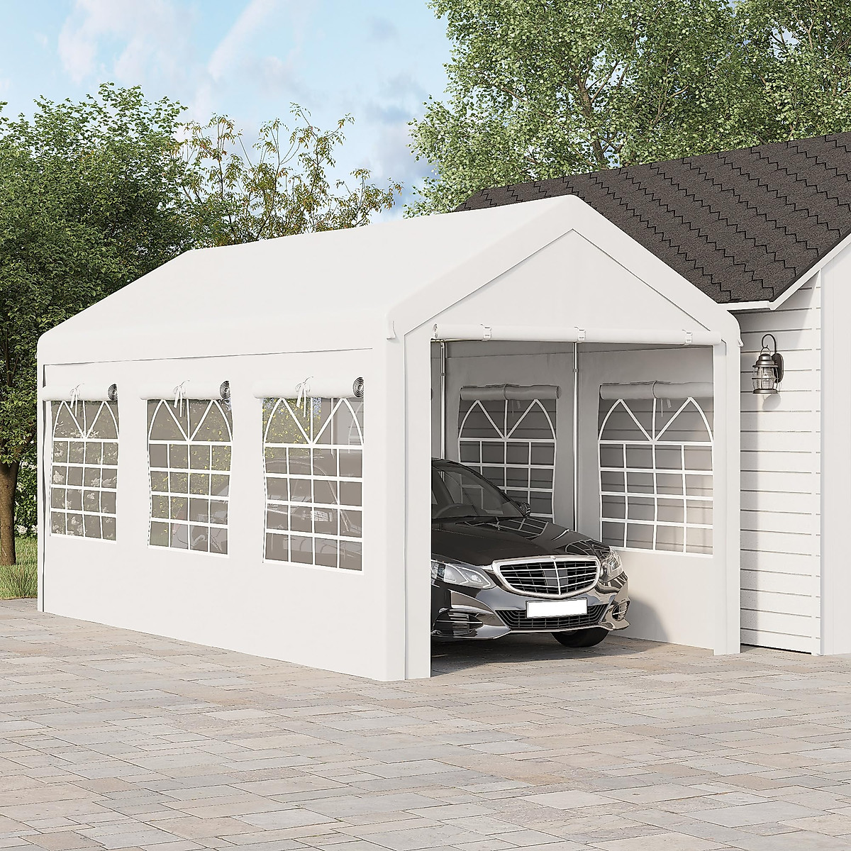 Outsunny 10' x 20' Party Tent and Carport, Height Adjustable Portable Garage, Outdoor Canopy Tent 8 Legs with Sidewalls for Car, Truck, Boat, Motorcycle, Bike, Garden Tools, White