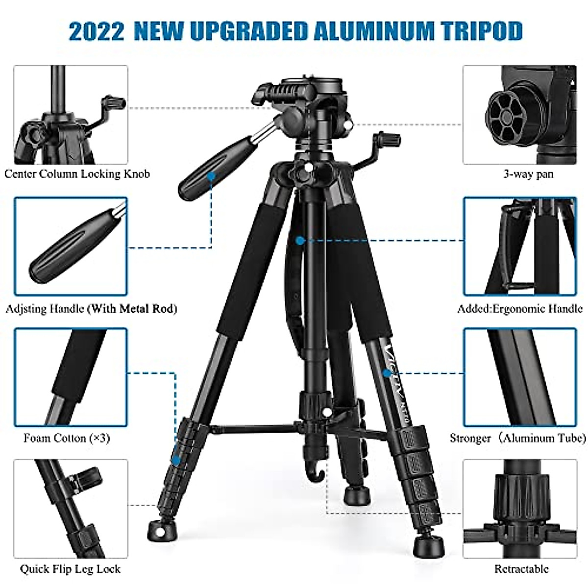 VICTIV 74” Camera Tripod, Tripod for Camera and Phone, Aluminum Tripod for Canon Nikon with Carry Bag and Phone Holder, Compatible with DSLR，iPhone, Projector, Webcam, Spotting Scopes