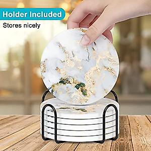 Nipichsha Coasters for Drinks, Set of 6 Marble Absorbent Ceramic Coasters with Holder and Cork Base, Cute Stone Drink Coasters for Cup Kitchen Home Decor Housewarming Gift, Round 4", White Gray Gold