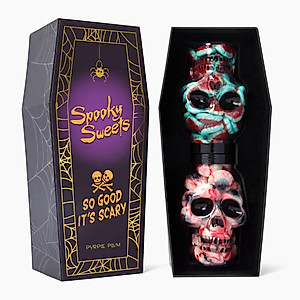 Purple Plum Halloween Trick or Treat Candies | Brain and Eyeball Gummies in Skull Shaped Candy Jars with Coffin Box | Spooky Sweets | Perfect For Halloween