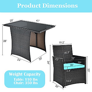 KOTEK 3 Piece Outdoor Dining Set, PE Rattan Dining Table & Chairs Set with Tempered Glass Top & Cushions, Wicker Conversation Set, Patio Bistro Set for Backyard Garden Porch (Turquoise)