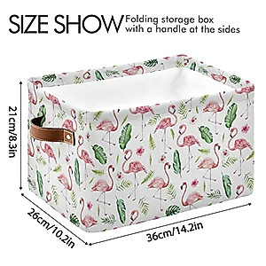 Kigai Jungle Foliage Flamingo Storage Bins for Shelves, Storage Basket with Double Handle, Foldable Storage Cubes with Metal Frame, Rectangular Closet Organizer Containers for Home Bedroom
