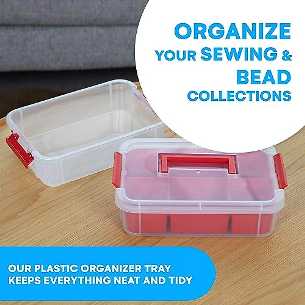 Bins & Things 2 Trays Stackable Storage Organizers Container with Compartments - Arts and Crafts Supply Box - Bead Plastic Organizer - Embroidery Thread Organizing Box - Multi-Divided Holder, Red