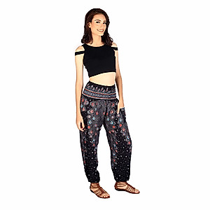 Boho Pants Harem Pants Yoga Trousers for Woman Bohemian Beach Pants (Plumes Black, Medium)