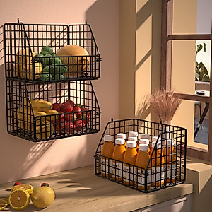 PUPPYCUTE Stackable Wire Storage Baskets for Kitchen Closet Pantry, Hanging Closet Organizers Storage Shelves Organization, Wall Mount Metal Basket Bins, Clothing Vegetable & Fruit Organizer 3 pcs
