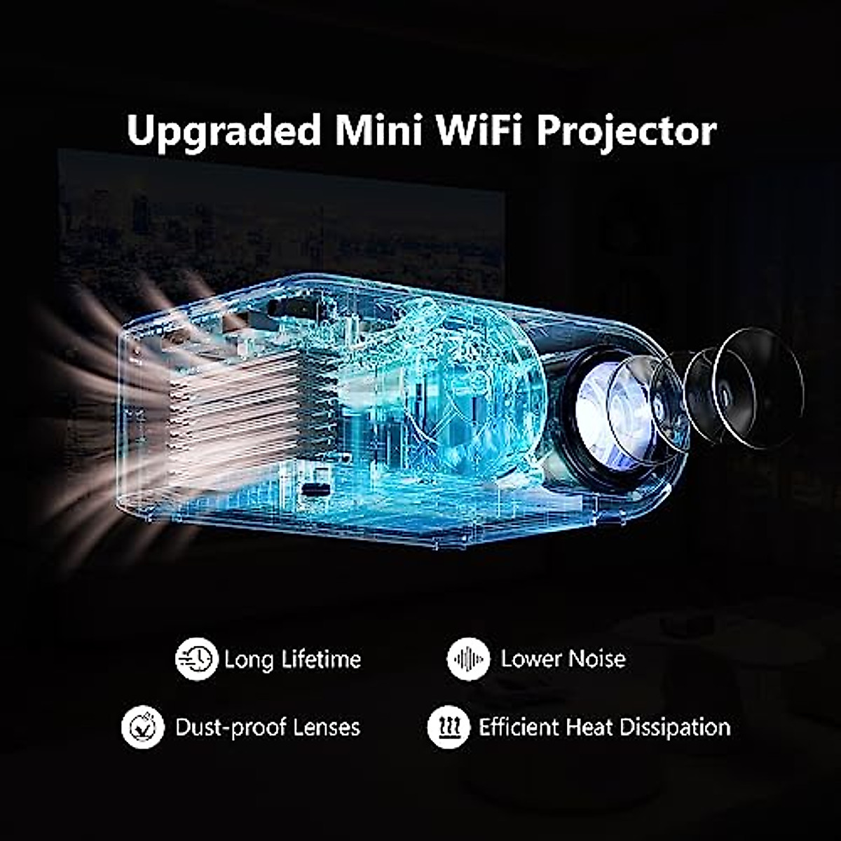 WiFi Mini Projector for iPhone, DZA Outdoor Portable Projector Supports 1080P with Synchronize Smartphone Screen, Movie Projector for Home Theater Compatible with iOS/Android/PC/TV Stick, and HDMI/USB