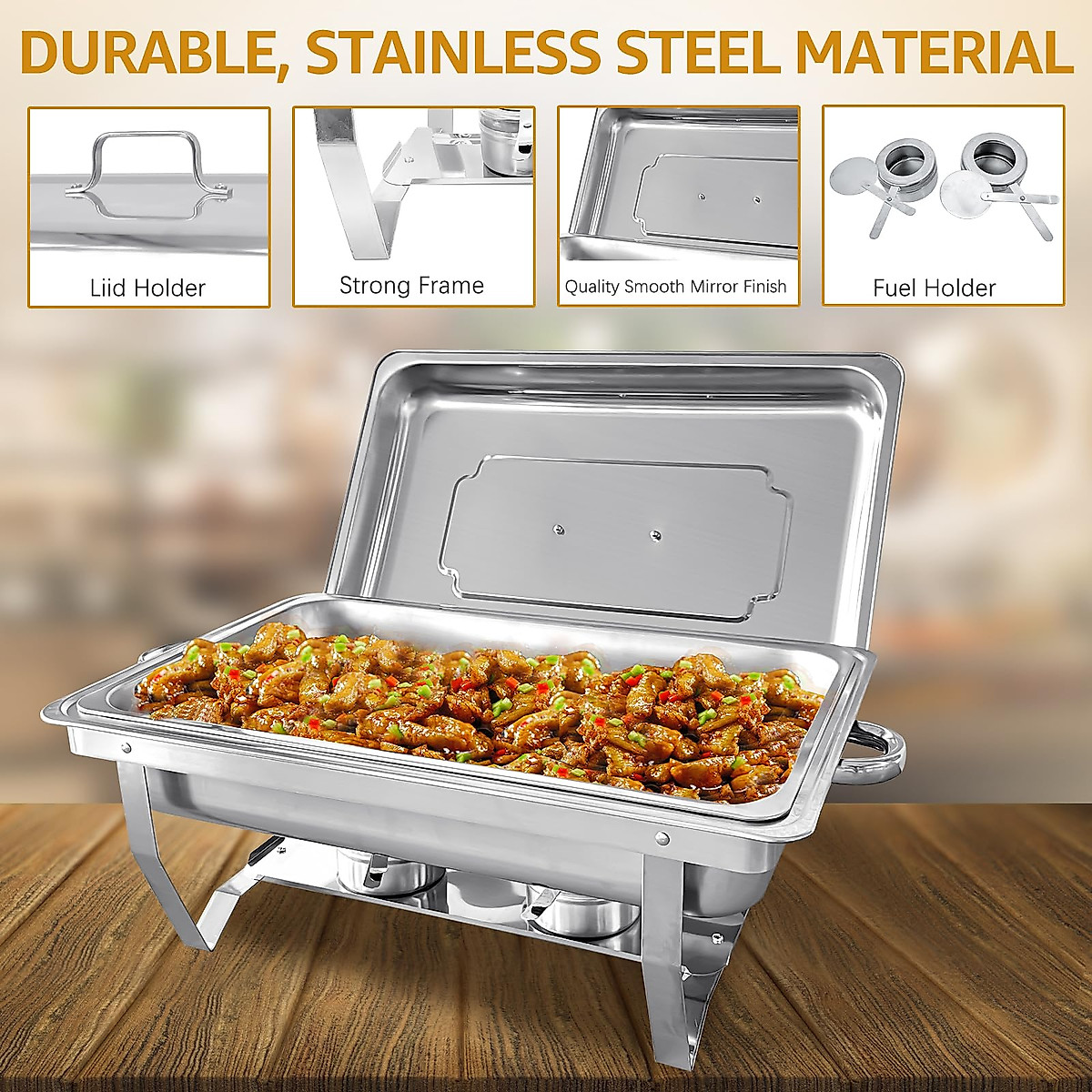 JSTUOKE 4 Pack Chafing Dish Buffet Set, 8QT Stainless Steel Rectangular Chafers and Buffet Warmer Sets for Catering, with Food & Water Pan, Lid, Foldable Frame, Fuel Holder for Event Party Holiday