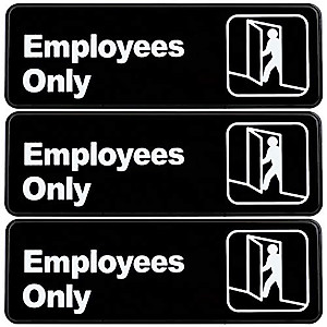 Excello Global Products Employees Only Sign: Easy to Mount Informative Plastic Sign with Symbols 9"x3", Pack of 3 (Black)