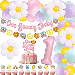 95 Packs One Groovy Baby Birthday Party Kit One Groovy Baby Banner Cake Topper Hippie Cupcake Toppers Daisy Mylar Balloon for Groovy First Birthday Hippie Baby Birthday Party Decorations